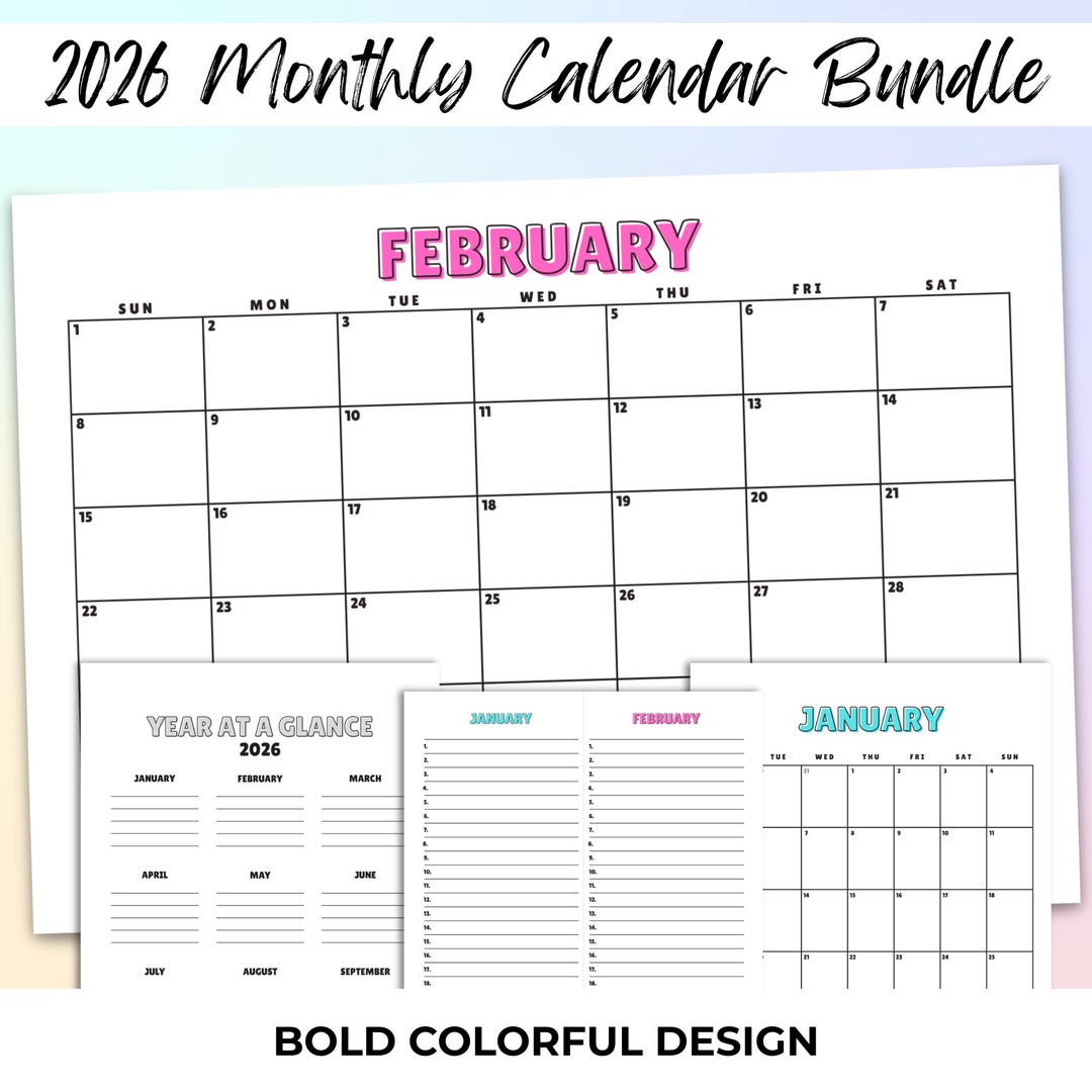 2026 EDITABLE Bold Colorful Calendar Bundle Monthly Calendar Instant ...