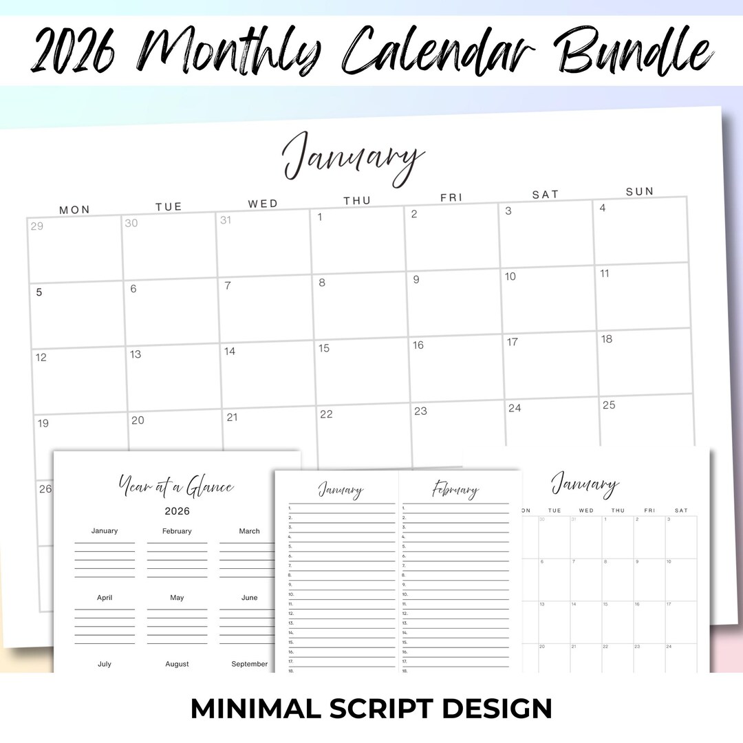 2026 EDITABLE Calendar Bundle Minimal Script Style Monthly Calendar ...