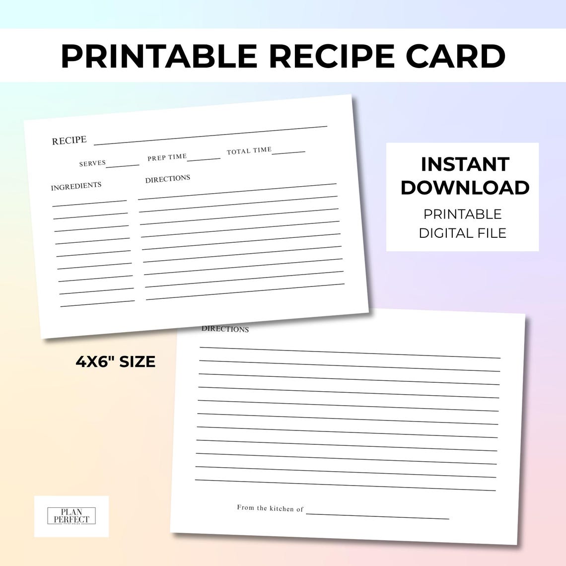 PRINTABLE Traditional Minimal Recipe Card Instant Download 4x6 Lined ...