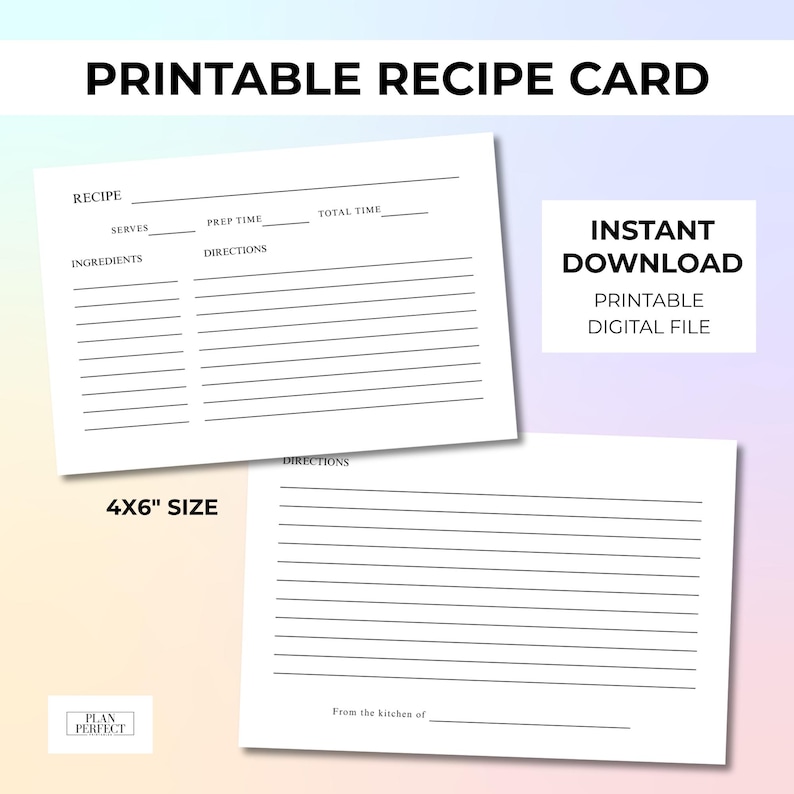 PRINTABLE Traditional Minimal Recipe Card Instant Download 4x6 Lined ...