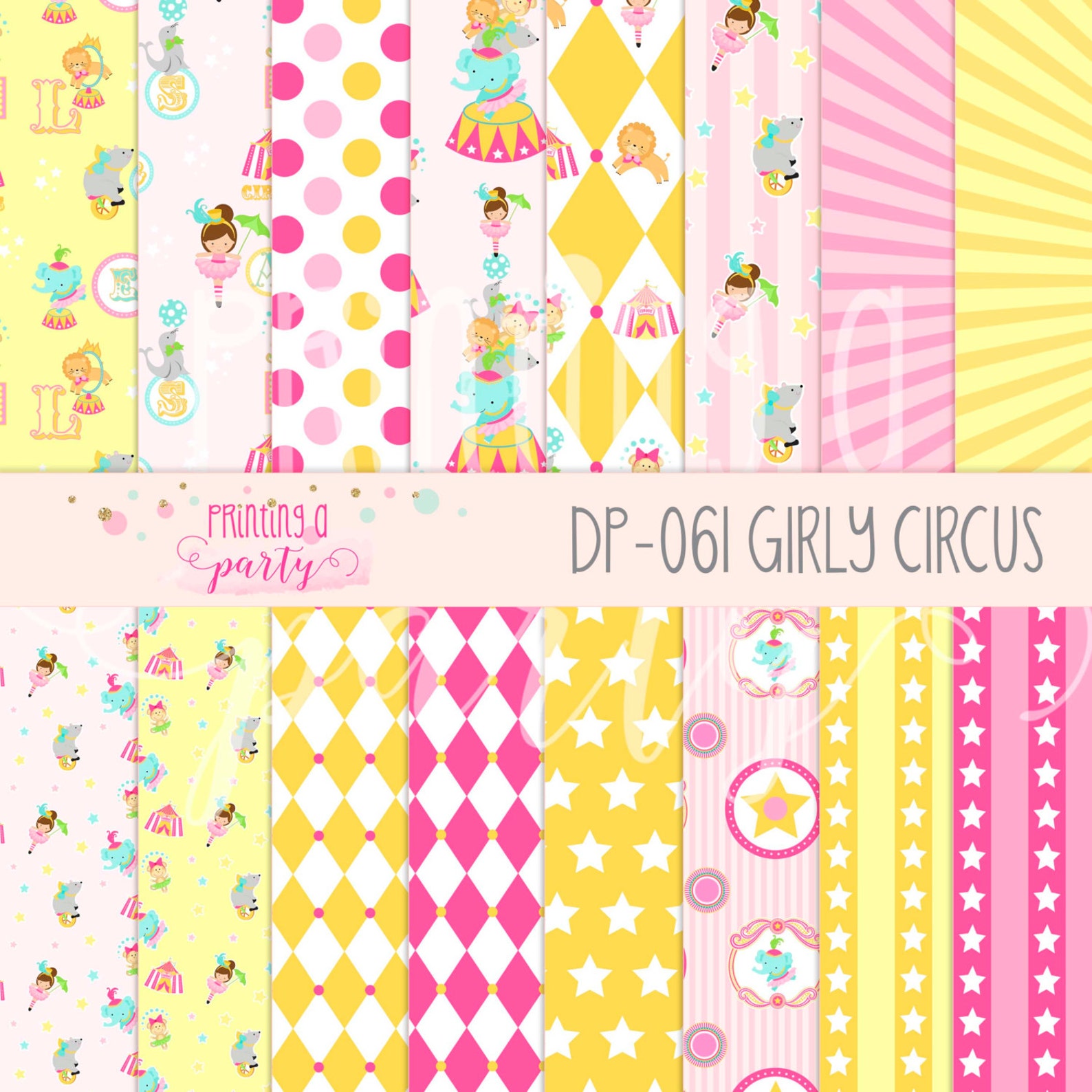 Digital Paper Circus Carnivale Party Girly Circus Elephant Bear Lion ...