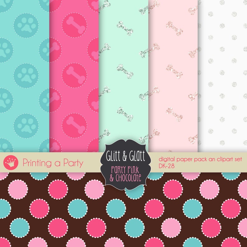 Cute Dogs Digital Paper and Clip Art Dog Party Cake Birthday Pink ...