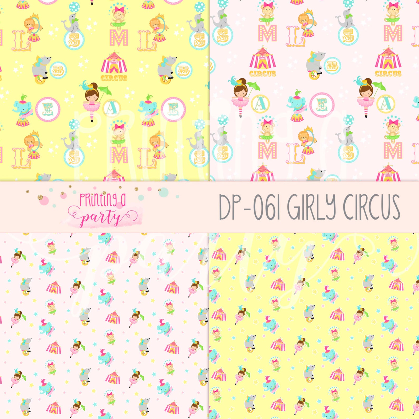 Digital Paper Circus Carnivale Party Girly Circus Elephant Bear Lion ...