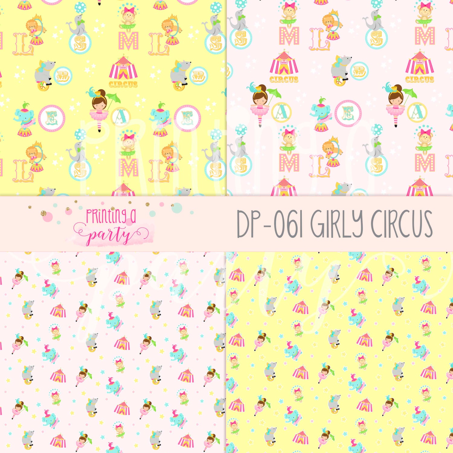 Digital Paper Circus Carnivale Party Girly Circus Elephant Bear Lion ...