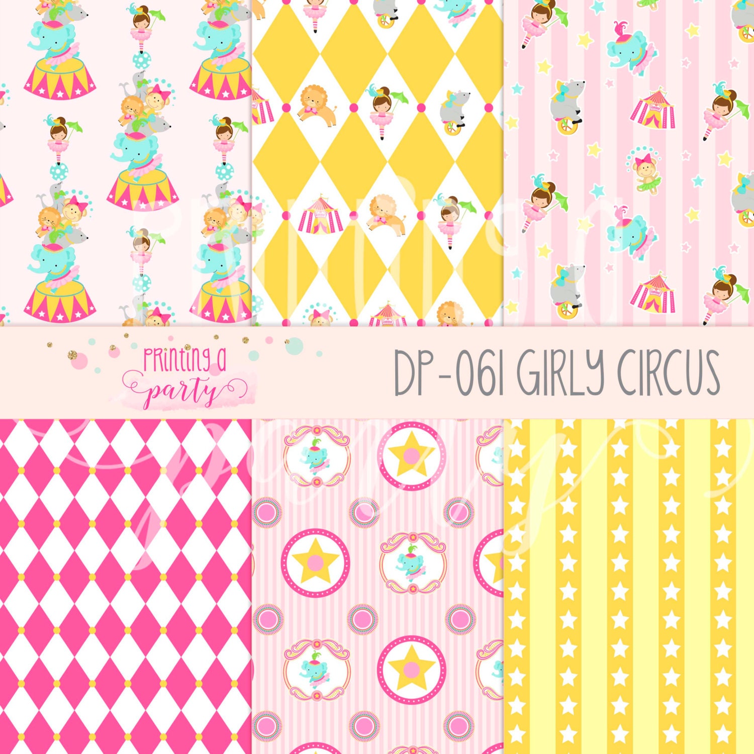 Digital Paper Circus Carnivale Party Girly Circus Elephant Bear Lion ...