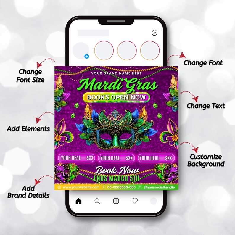 Mardi Gras Booking Flyer, Beauty Salon Template (canva Editable Digital ...