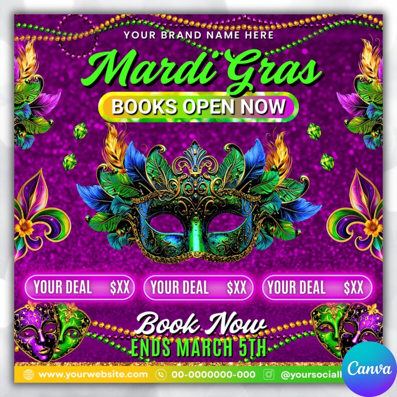 Mardi Gras Booking Flyer, Beauty Salon Template (canva Editable Digital ...