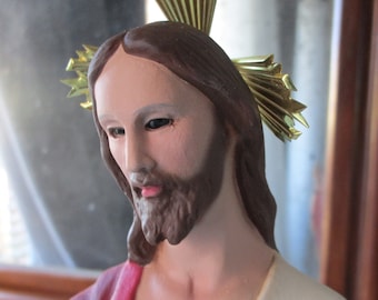 Christ the King Sacred Heart of Jesus Seated Statue Glass Eyes Antique ...