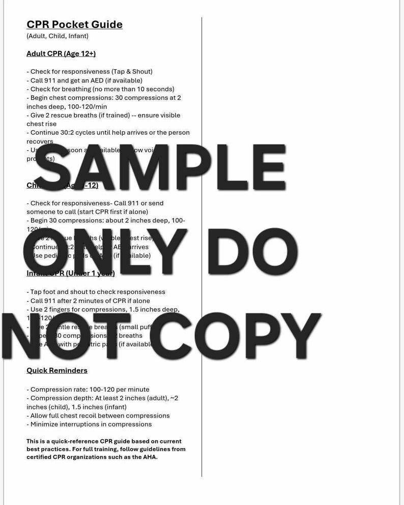 CPR Pocket Guide Printable, CPR, Printable, Reference, BLS - Etsy