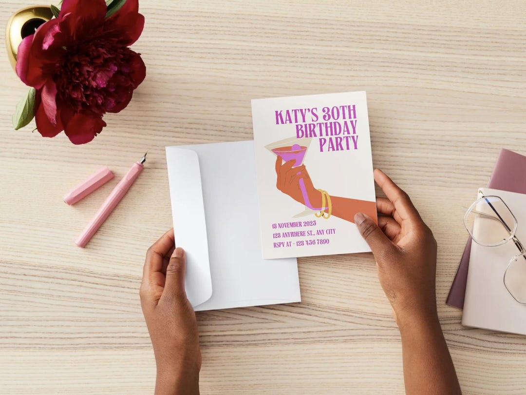 Modern Birthday Invitation | Colourful Party Invite With Martini Glass ...