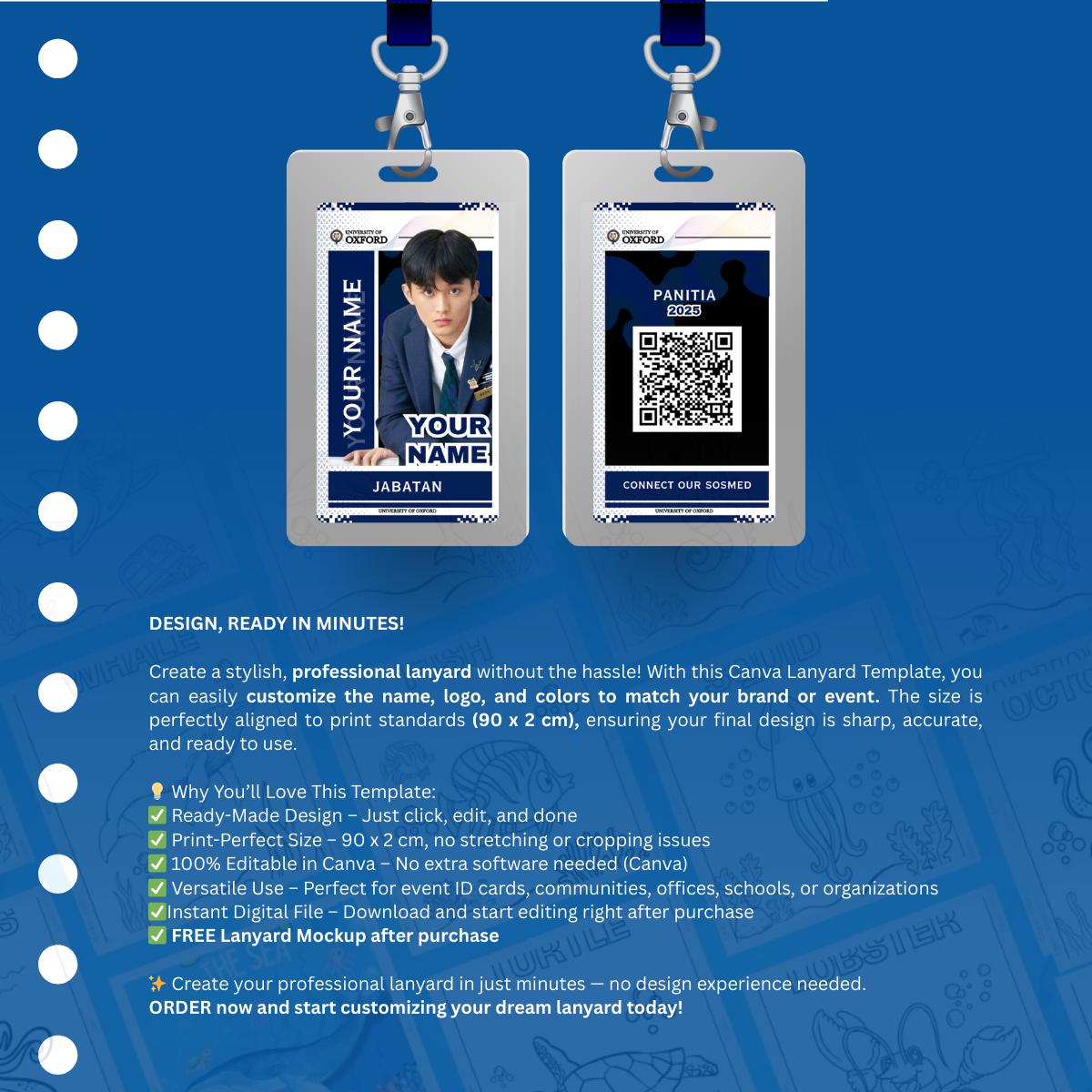 Editable Lanyard ID Card Template: Blue & White Canva Design (90 X2 Cm ...