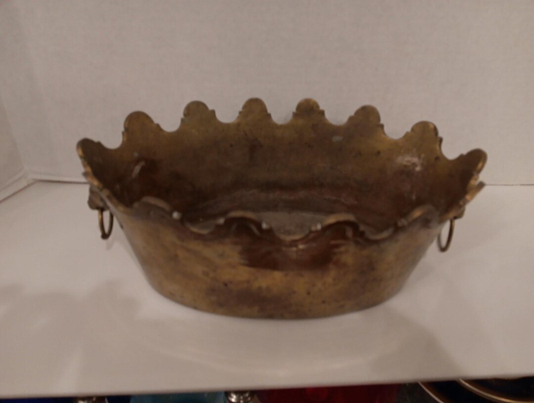 Solid Brass Scalloped Cache Pot With Lionhead Handles. Beautiful. - Etsy