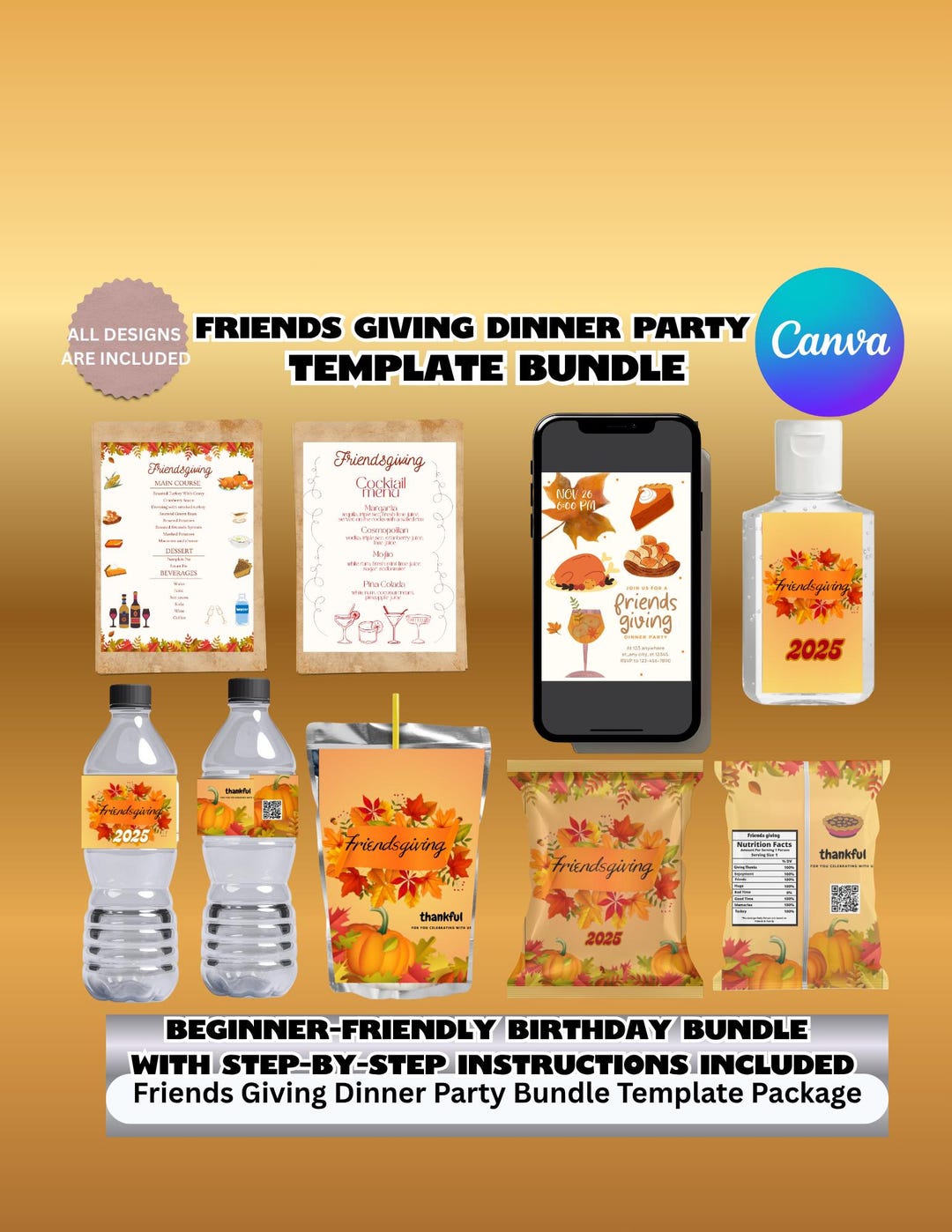 Friends Giving Dinner Party Template Bundle: DIY Favor Tags (digital ...