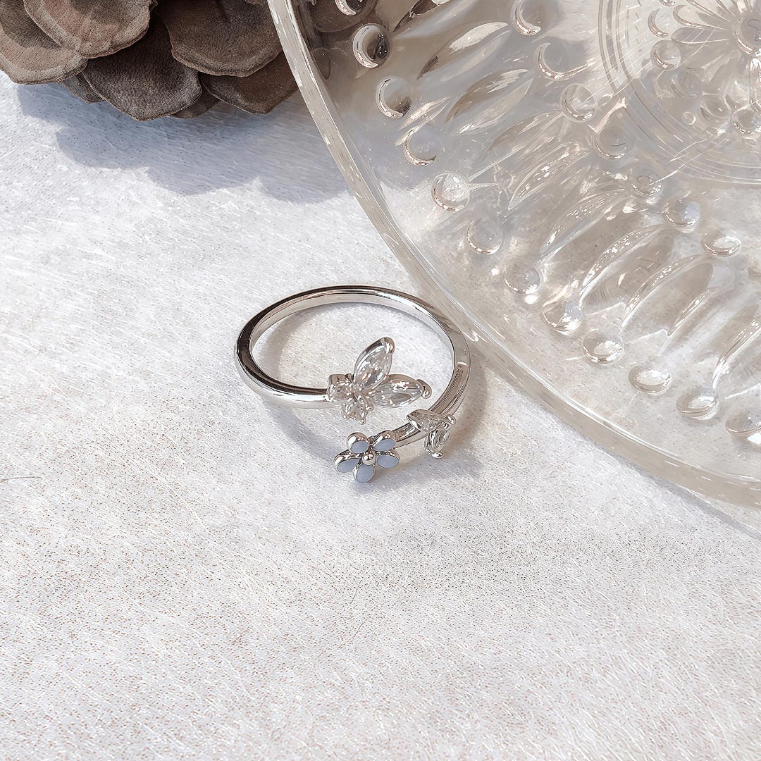 Silver Butterfly Flower Ring, Handmade Adjustable Stacking Ring - Etsy
