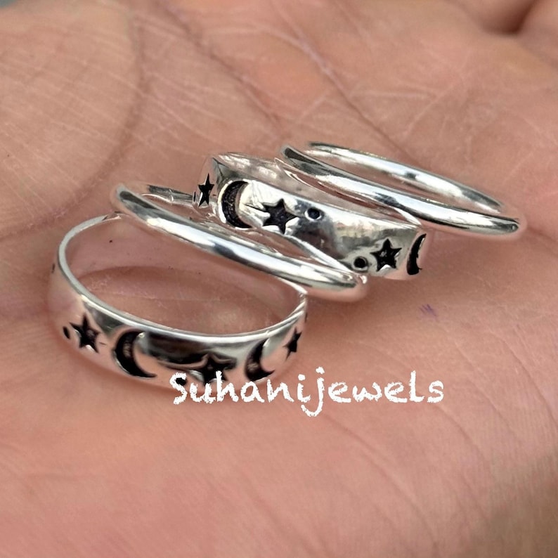 Celestial Sterling Silver Ring Set | Star Moon Stackable Bands - Etsy