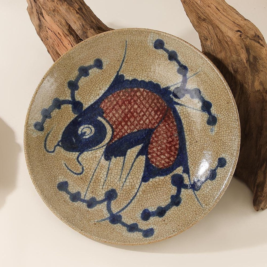 Blue and White Fish Plate,crackle Glaze Ceramic Dish,underglaze Red Ge ...