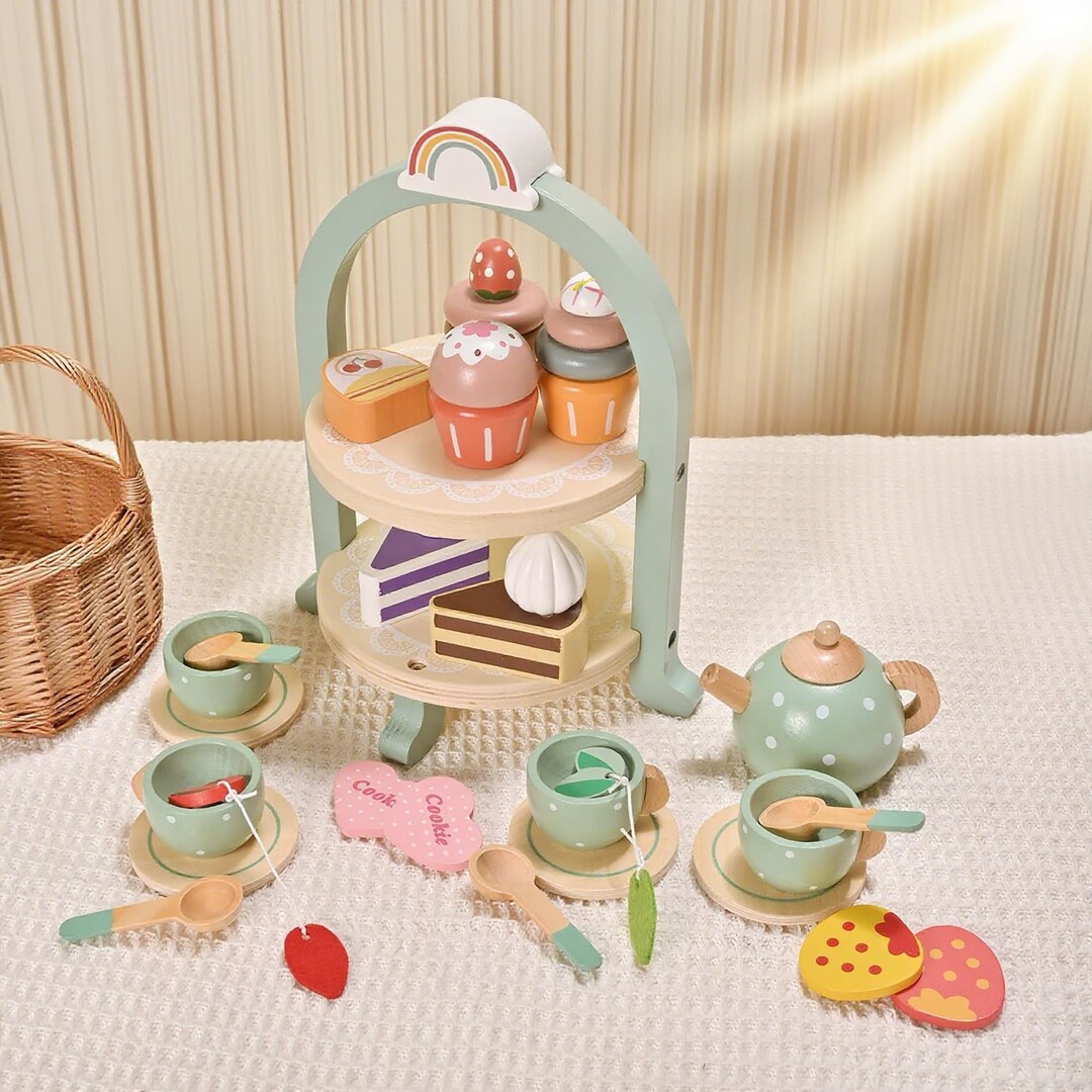 Wooden Tea Party Play Set | Pretend Play Dessert Tray Toy | Montessori ...