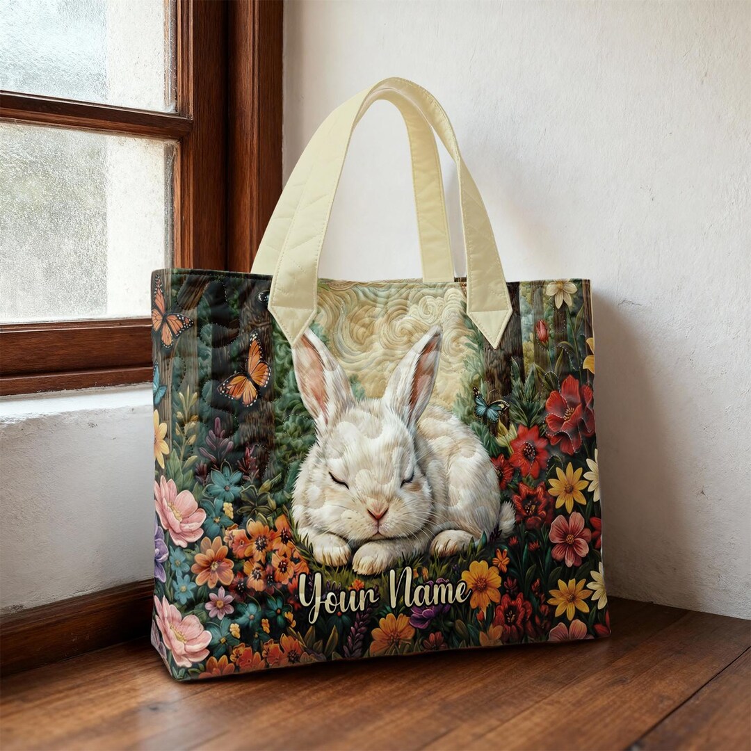 Custom Rabbit Tote Bag – Floral Bunny Art Tote With Name, Animal Lover ...
