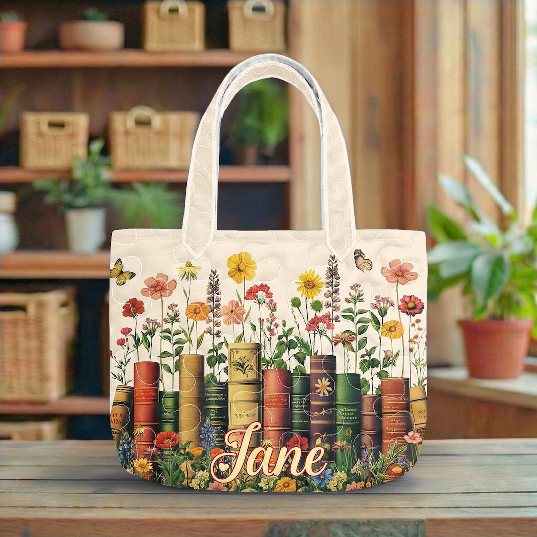 Custom Book Lover Quilted Tote Bag, Vintage Books & Floral Handbag ...