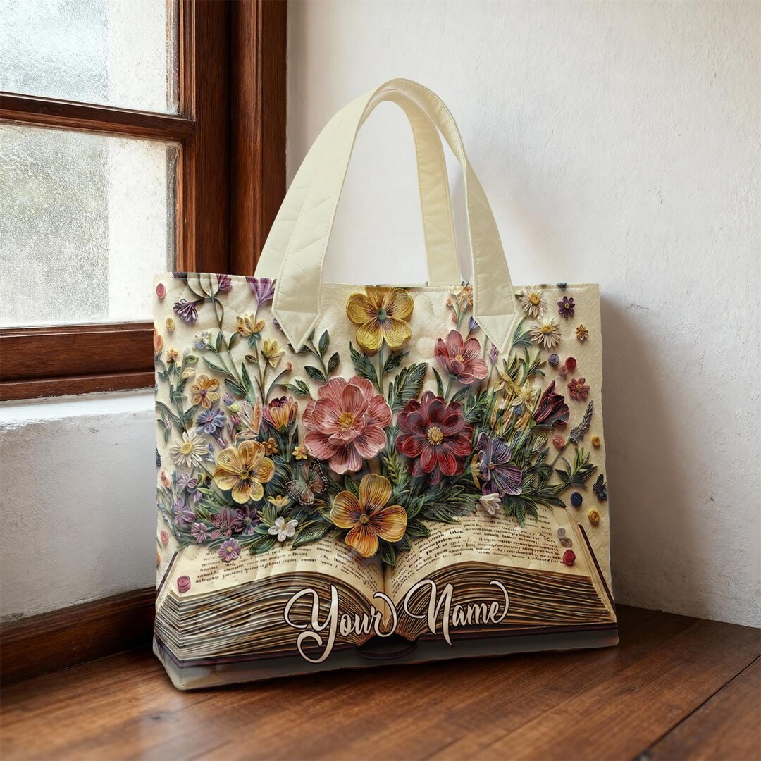 Custom Floral Book Tote Bag With Name – 3D Flower Art Book Lover Gift ...