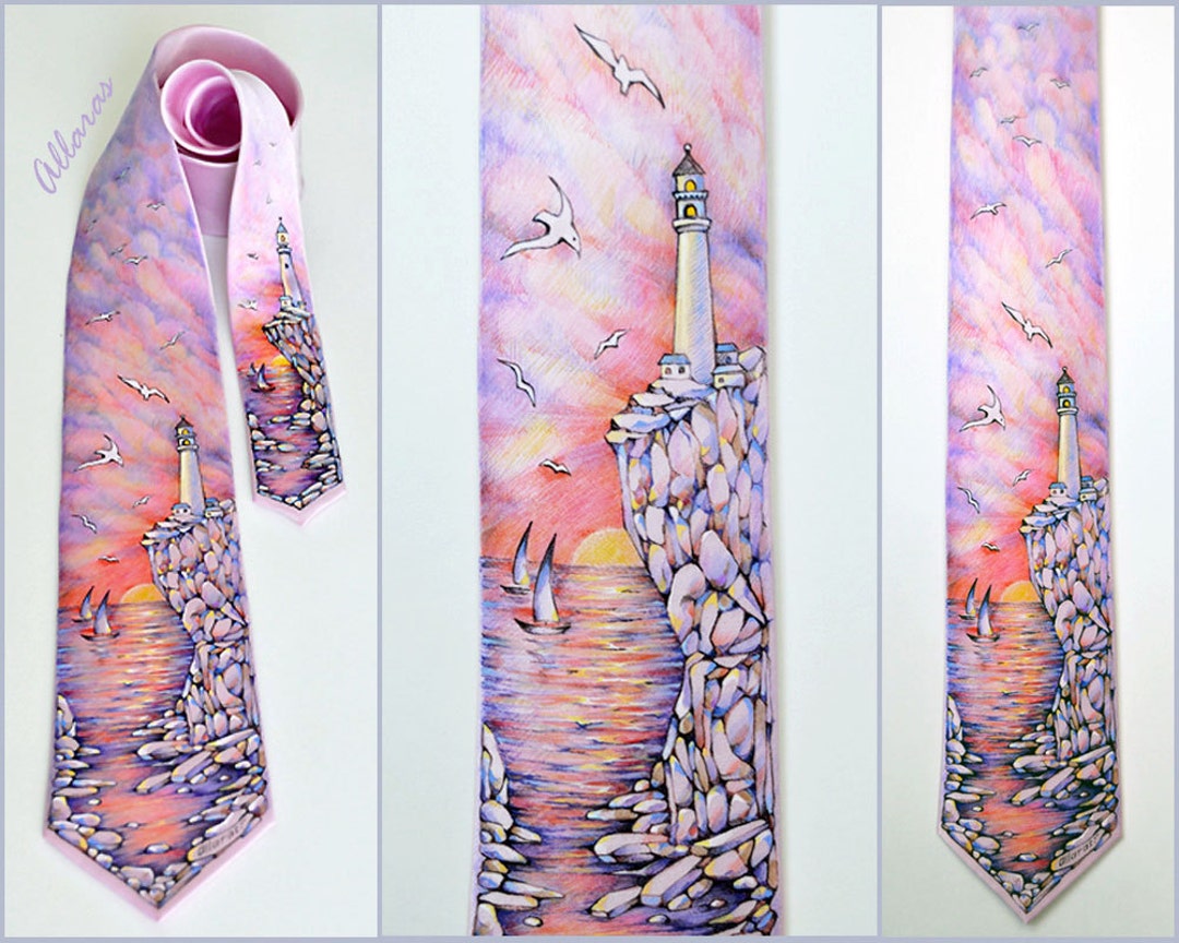 Lighthouse. Handpainted Silk Necktie. Sea Sunset Silk Tie. - Etsy