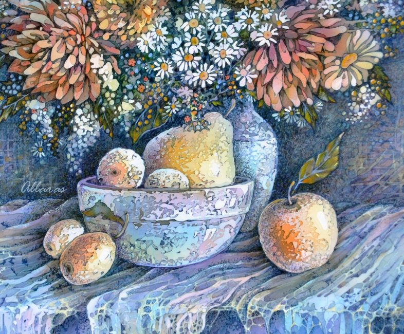 Still Life With Fruits. Original Painting on Silk. Floral - Etsy