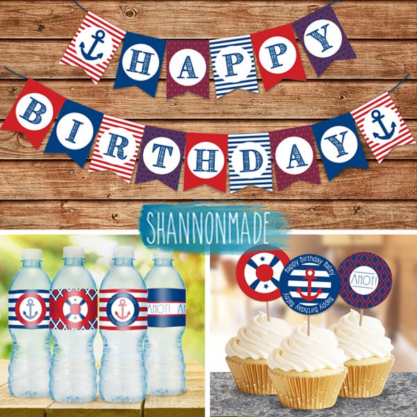 Happy Birthday Nautical Party Pack - Banner, Cupcake Toppers and Water ...