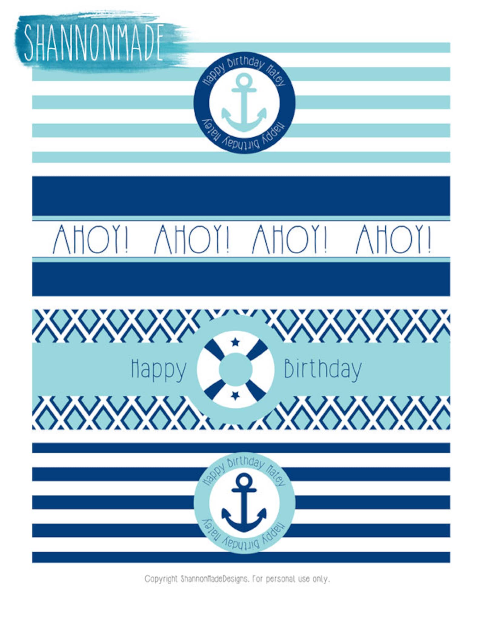 Happy Birthday Nautical Party Pack Banner, Cupcake Toppers and Water ...