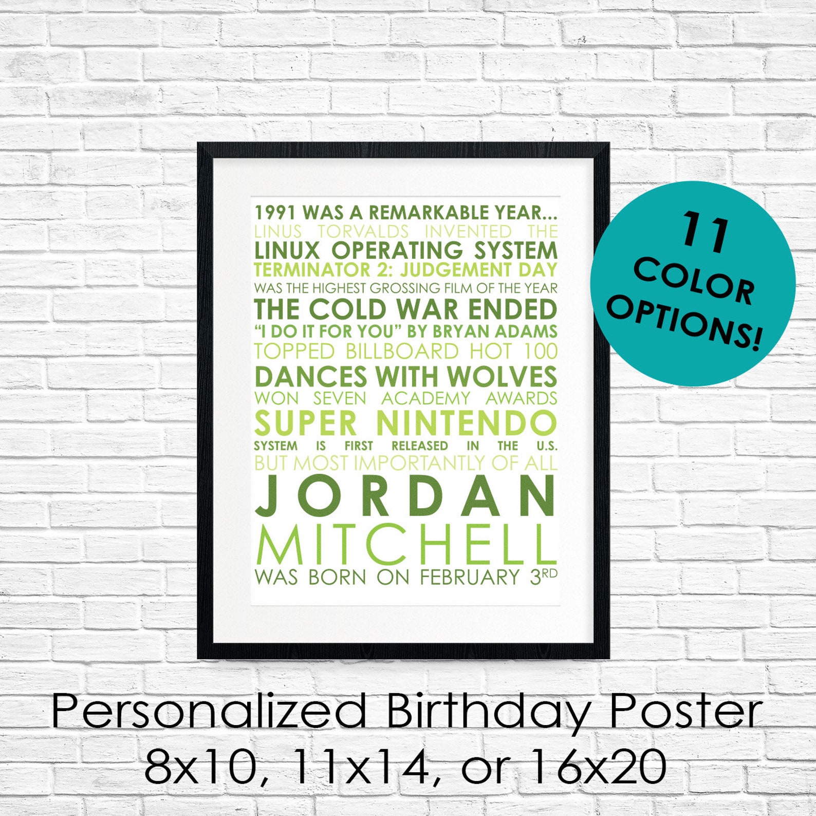 1991 Year Birthday DIGITAL Poster 8x10 11x14 or 16x20 - Etsy