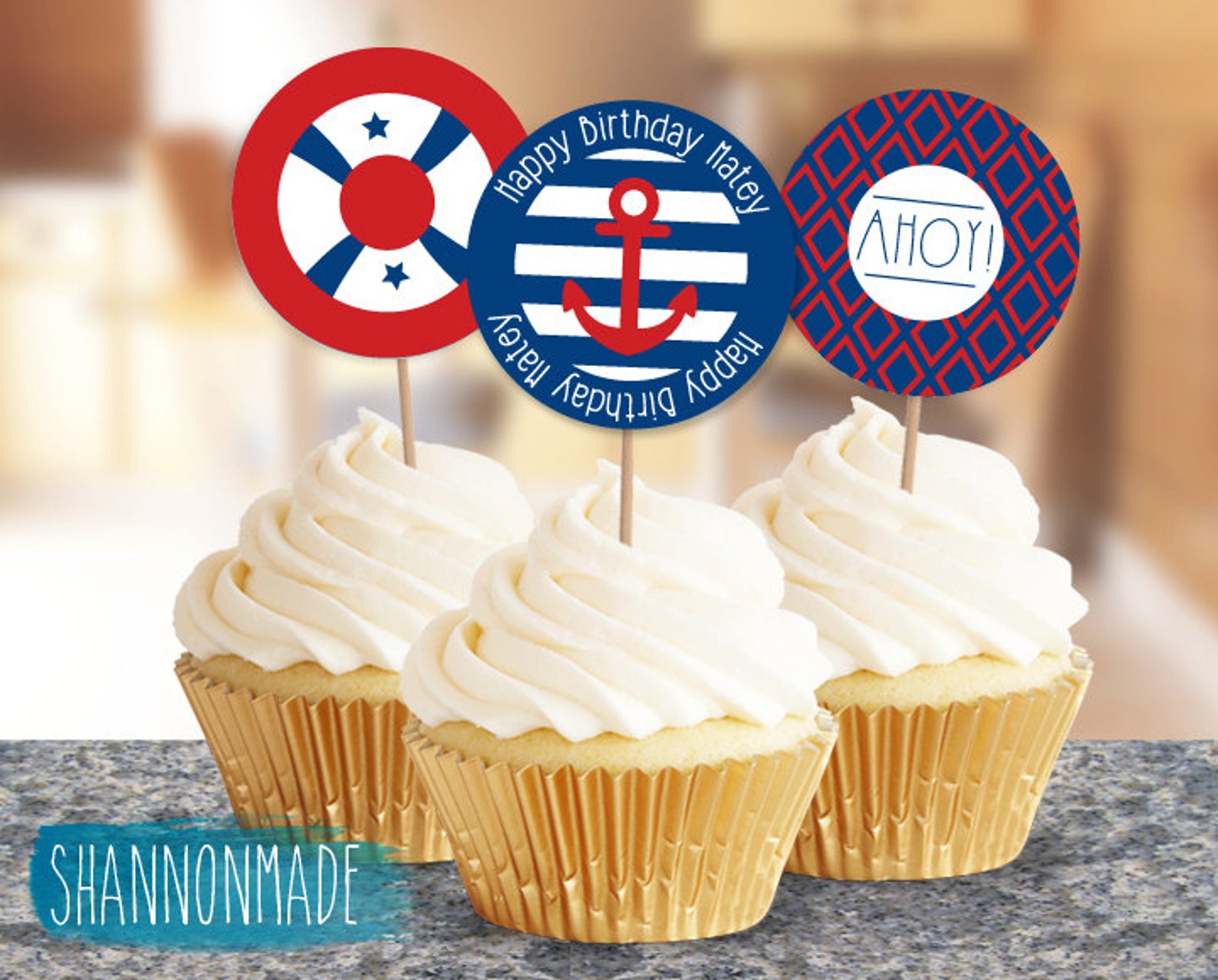 Happy Birthday Nautical Party Pack - Banner, Cupcake Toppers and Water ...