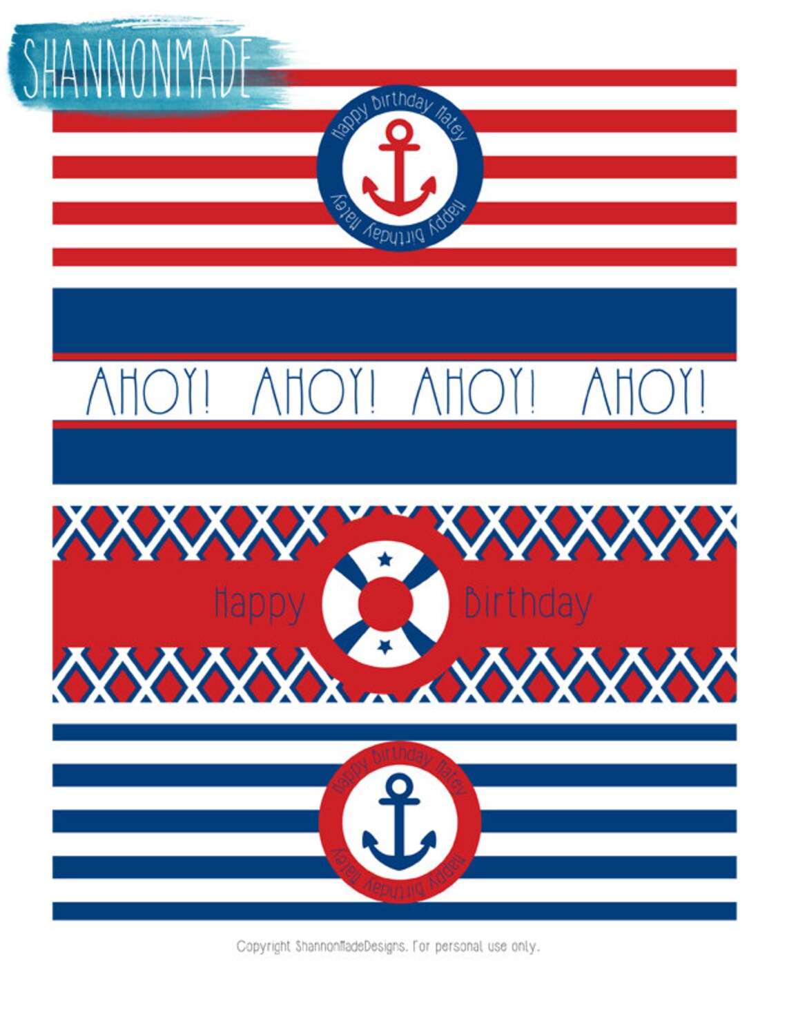 Happy Birthday Nautical Party Pack Banner, Cupcake Toppers and Water ...