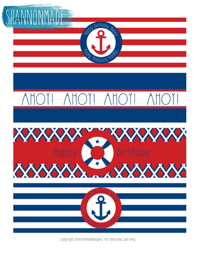 Happy Birthday Nautical Party Pack Banner, Cupcake Toppers and Water ...