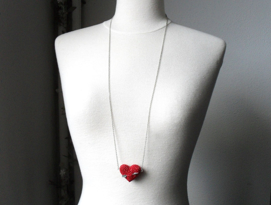 Long Necklace With Crochet Red Heart and Arrow. Wedding Necklace - Etsy