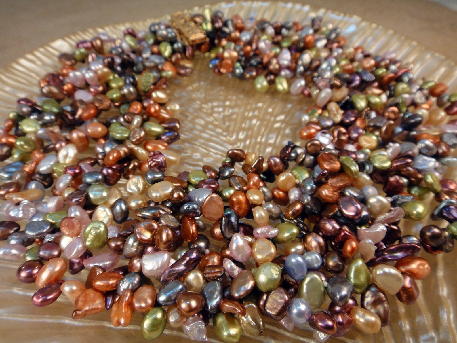 Keshi Pearl Multi Color Multi Strand Statement Necklace With 14K Gold ...