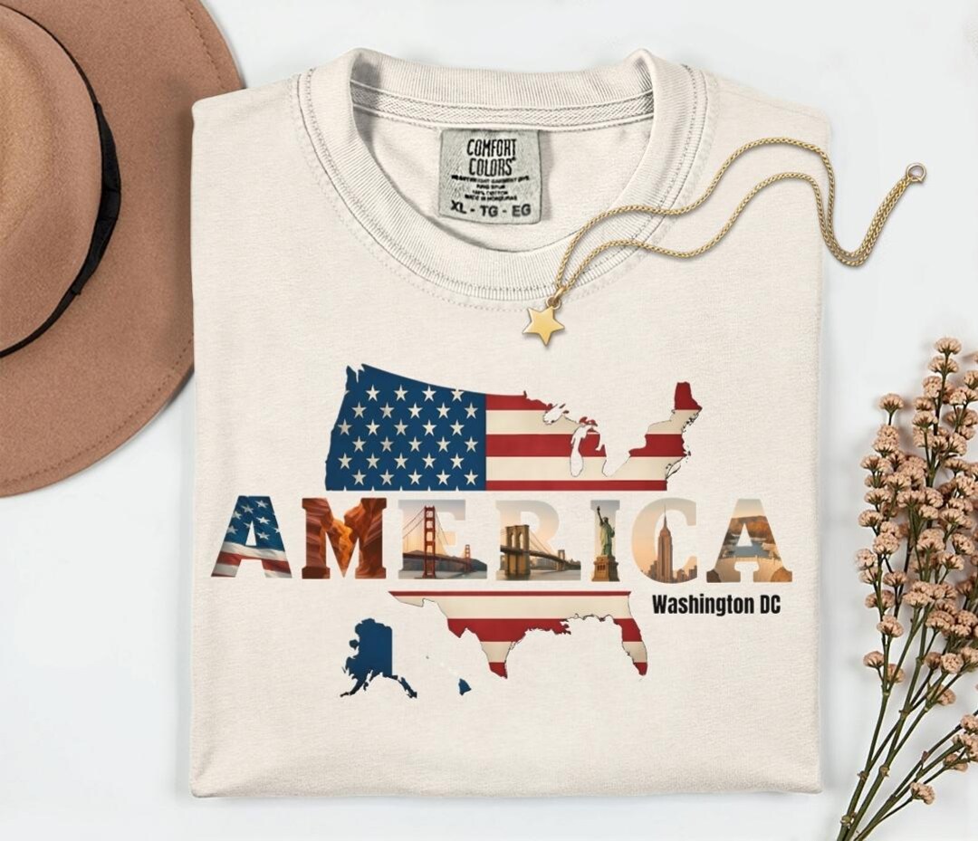 America PNG USA Map With Landmarks | Patriotic Sublimation Design | US ...