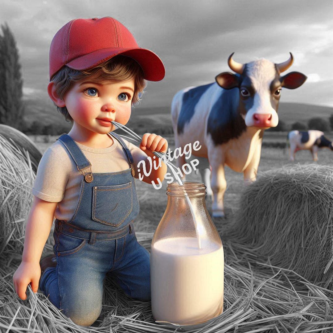 Vintage Farmhouse Art Print: Boy With Cow, Rural Nostalgia (digital ...