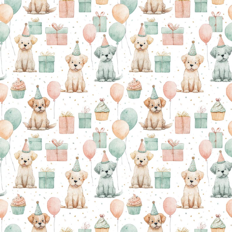 Cute Dogs Birthday Party Seamless Pattern,party Animals Digital Paper ...