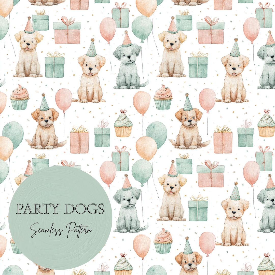 Cute Dogs Birthday Party Seamless Pattern,party Animals Digital Paper ...