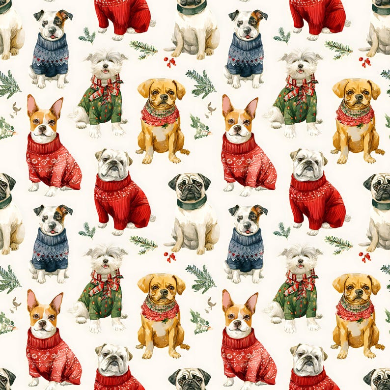 Christmas Puppy Digital Paper: Seamless Holiday Dog Pattern (12 JPG ...