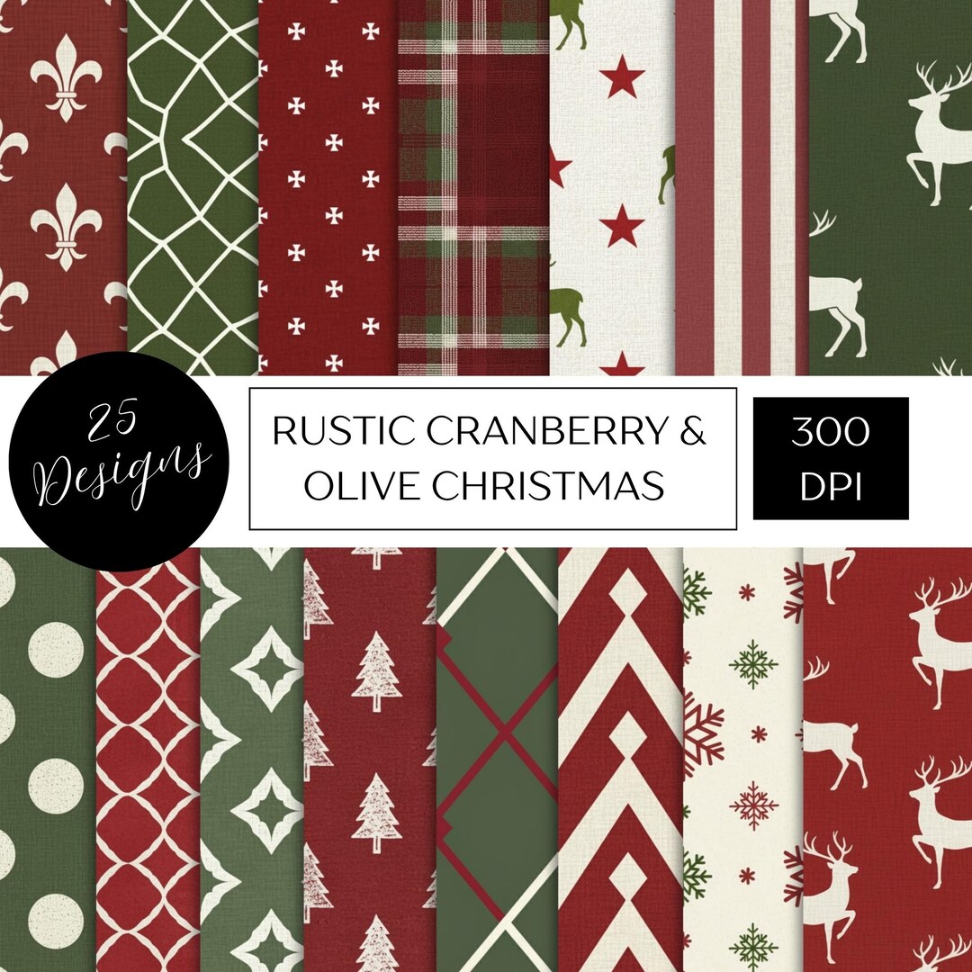 Christmas Rustic Cranberry and Olive Christmas Digital Paper | Vintage ...