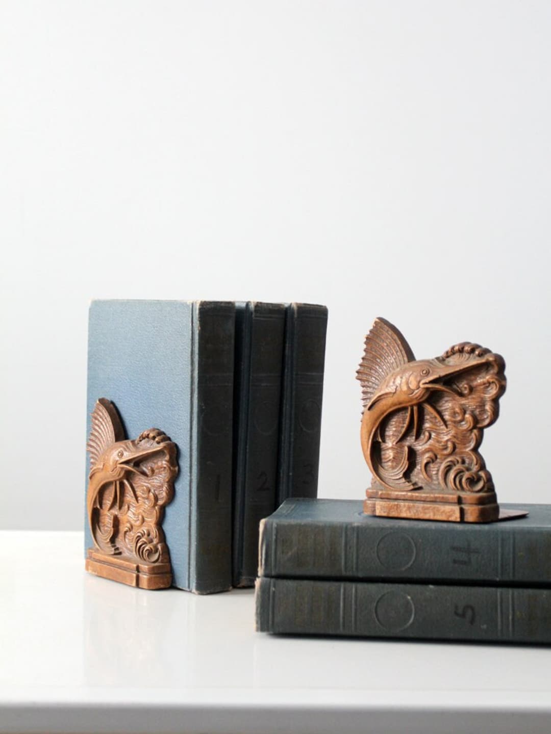 Nautical Bookends, Vintage Pressed Wood Bookends, Syroco Sailfish Book ...