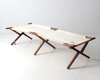 Vintage Folding Cot Wooden Frame Worn Canvas Fabric Military Cot Bed ...