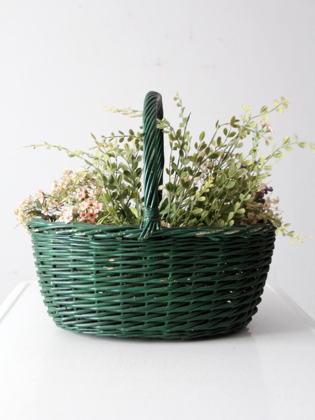 Vintage Green Woven Basket - Etsy