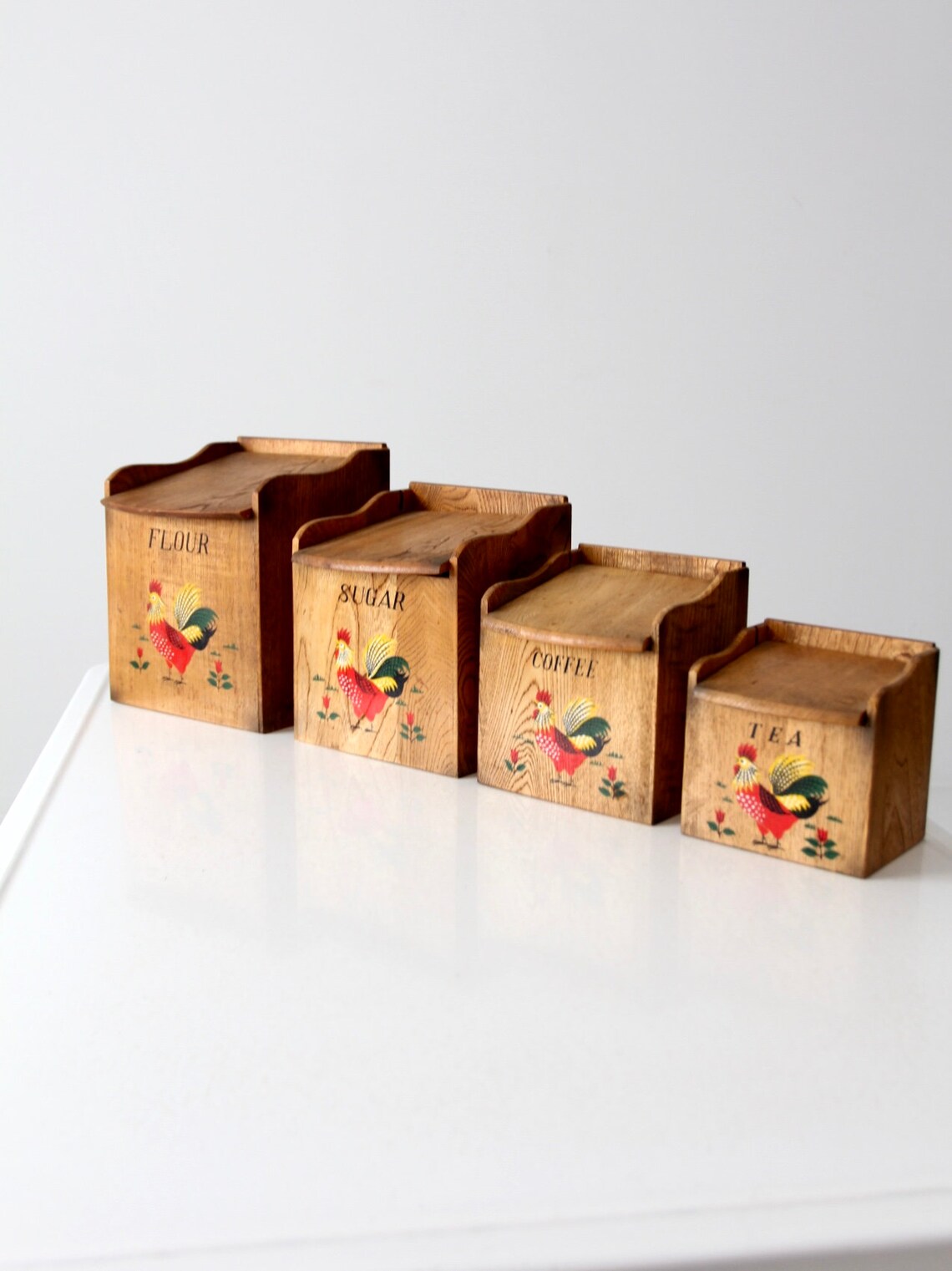 Mid-century Rooster Canisters, Wooden Kitchen Containers - Etsy