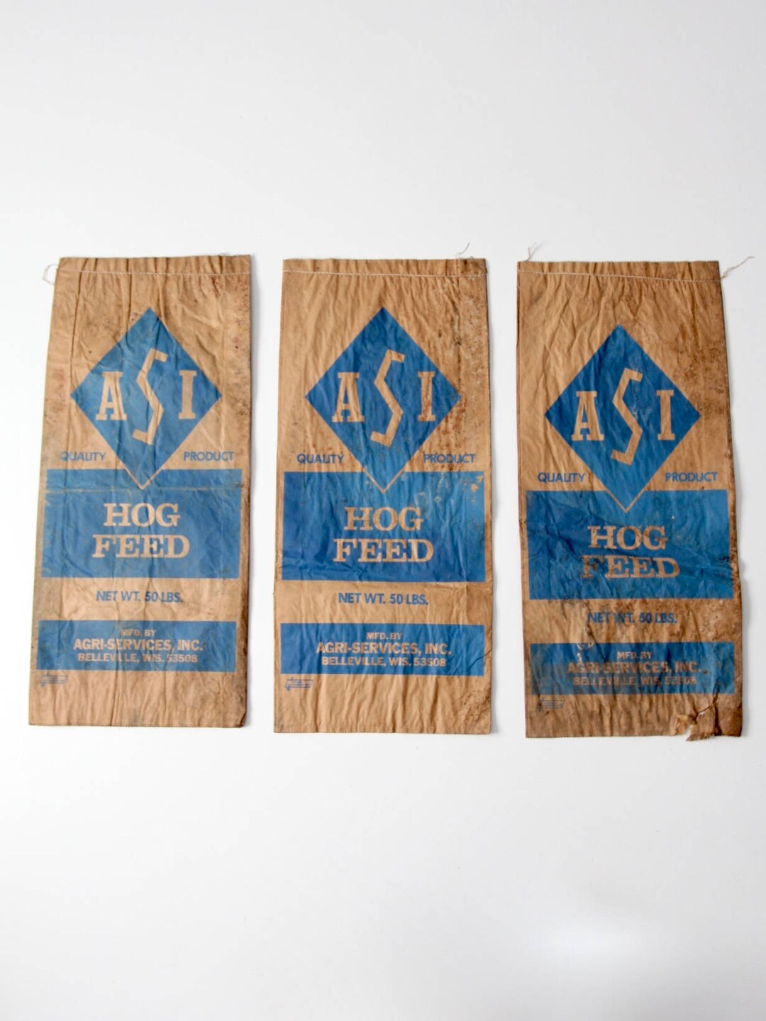 Vintage ASI Hog Feed Bag Collection, Distressed Paper Freight Sacks ...
