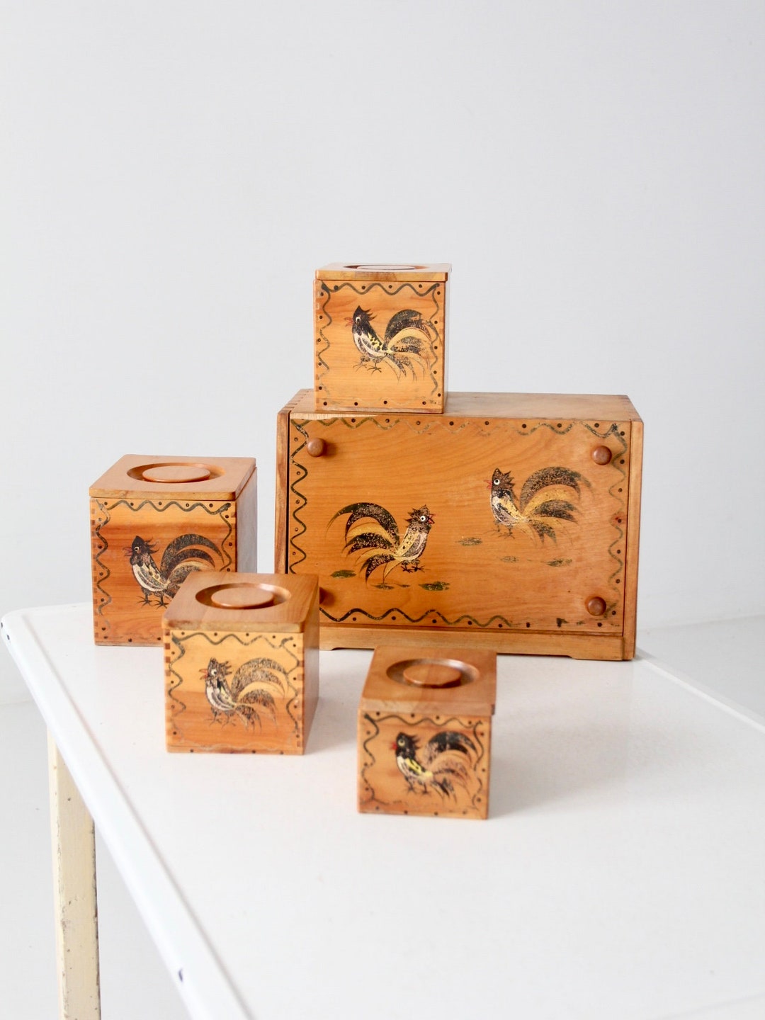 Mid-century Rooster Kitchen Canisters and Bread Box Set, Woodpecker ...