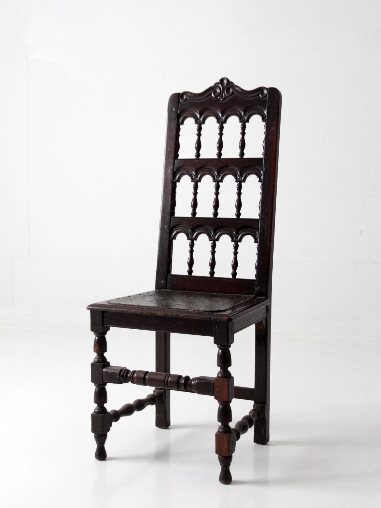 Antique Victorian Spindle Back Chair With Leather Seat - Etsy
