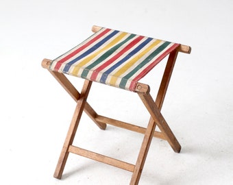 Vintage Redwood Folding Camp Stool With Striped Canvas Seat - Etsy