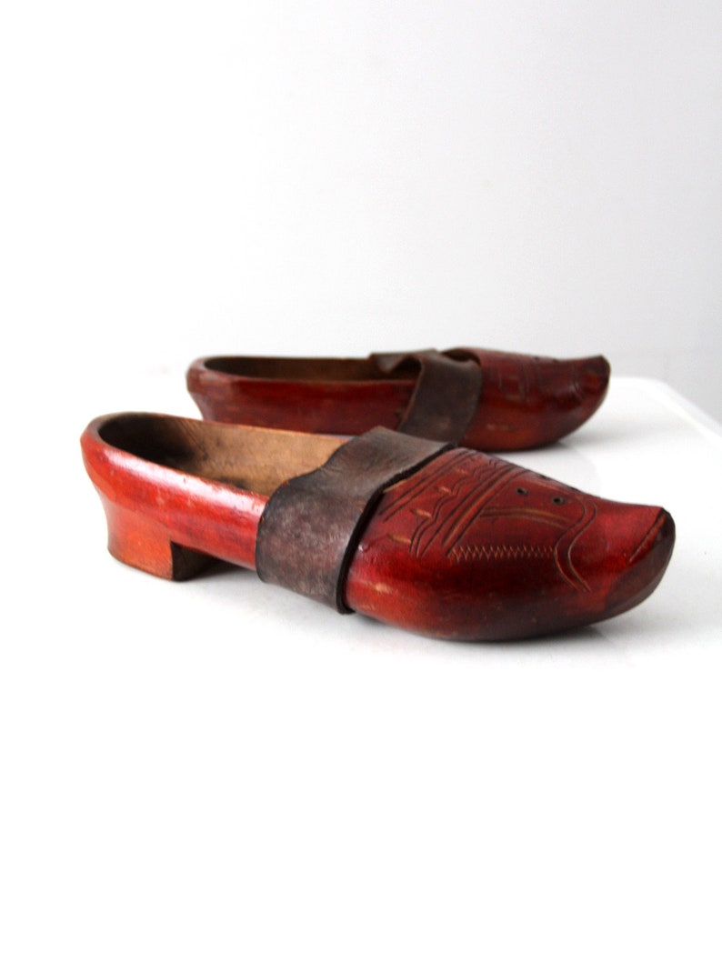 Antique Carved Wood Clogs With Leather Straps - Etsy