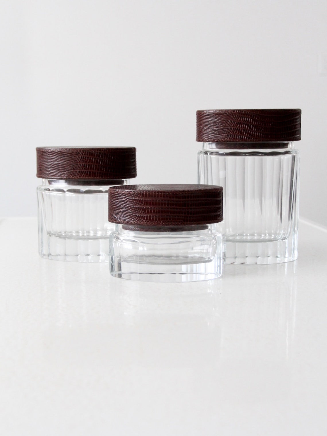 Vintage Cut Glass Jars With Leather Lids Set/3 | Etsy